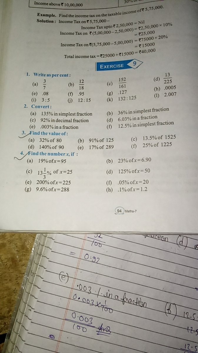 Here are the questions: EXERCISE 9 1. Write as percent: (a) 3/7 (b) 12/..