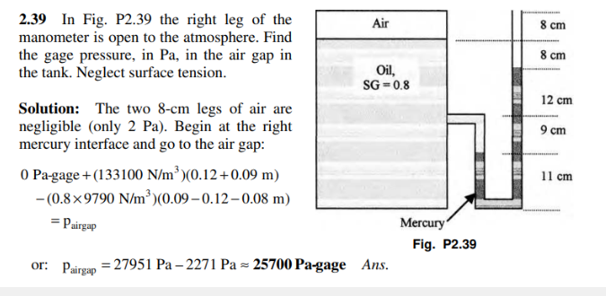 In Fig. P2.39, the right leg of the manometer is open to the atmosphere.