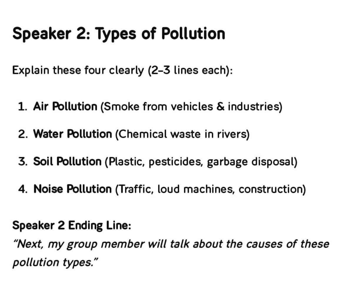 Speaker 2: Types of Pollution Explain these four clearly (2-3 lines each..
