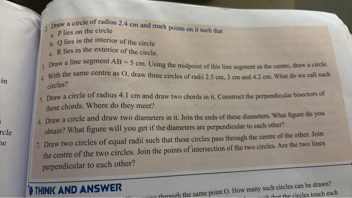 Draw a circle of radius 2.4 cm and mark points on it such that a. P li..