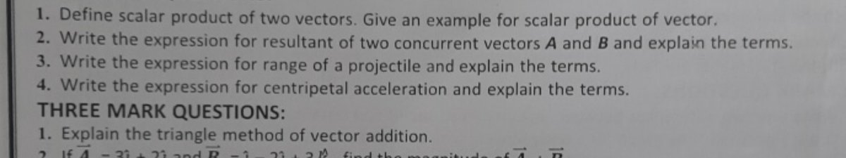 Define scalar product of two vectors. Give an example for scalar product