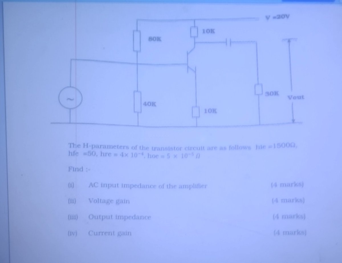 V = 20V Circuit Diagram: (A circuit diagram showing a transistor amplifi..