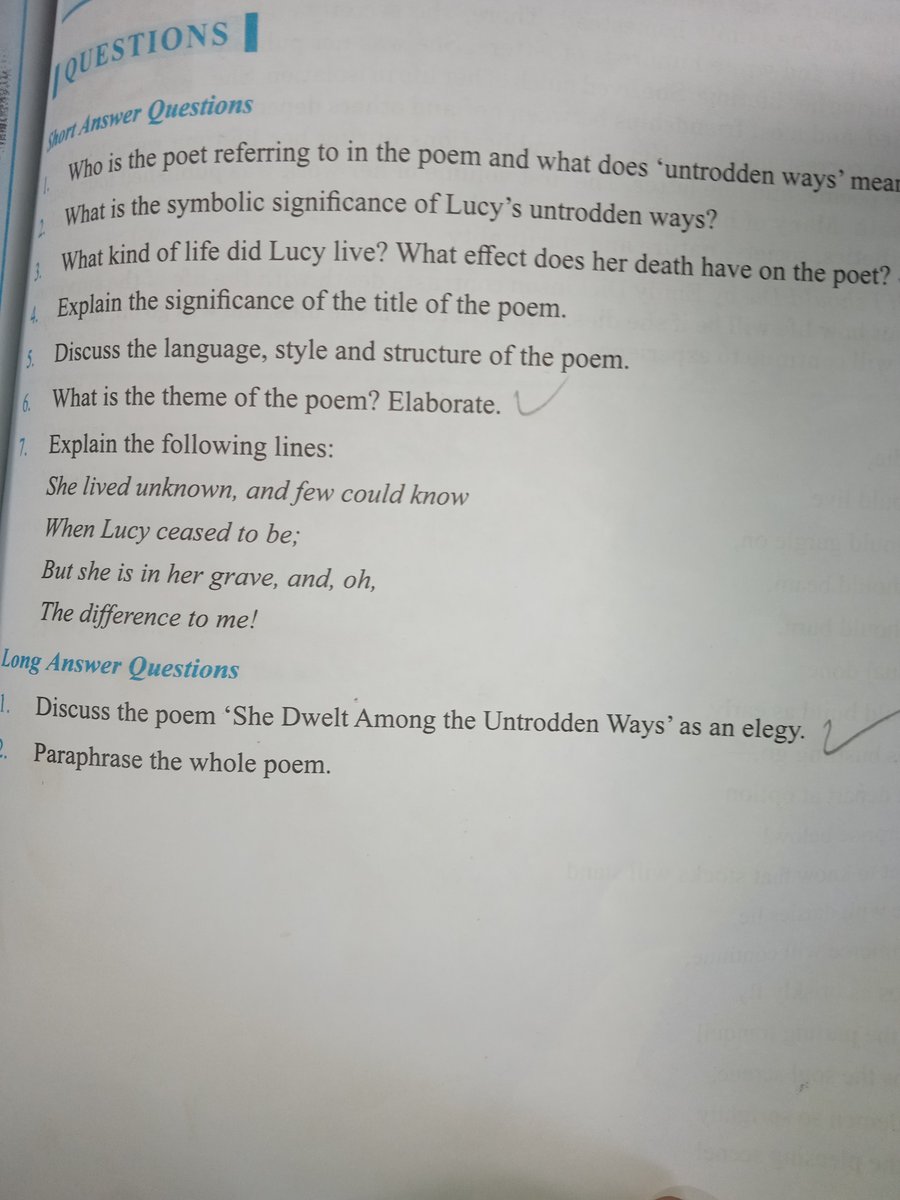 Here are the questions from the poem 'She Dwelt Among the Untrodden Ways'..