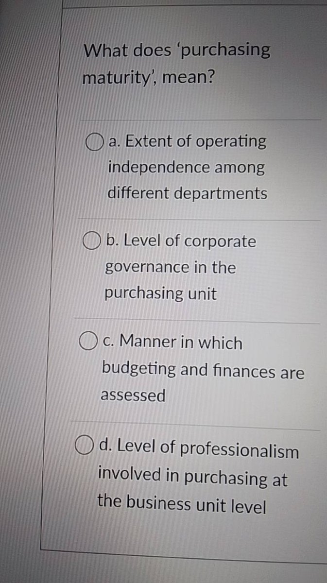 What does 'purchasing maturity' mean? a. Extent of operating independenc..