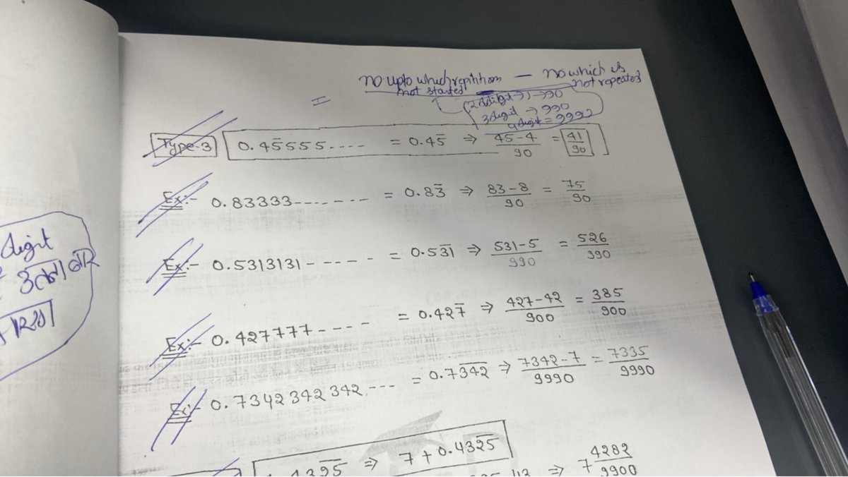 The image shows examples of converting repeating decimals to fractions. P..