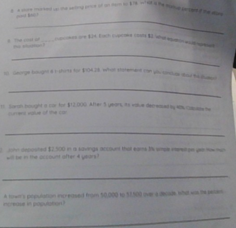 Here are several math problems: A store marked up the selling price of a..