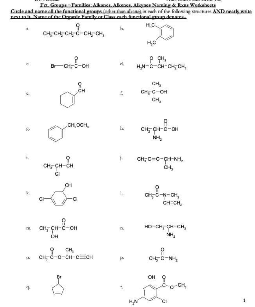 Circle and name all the functional groups (other than alkane) in each of