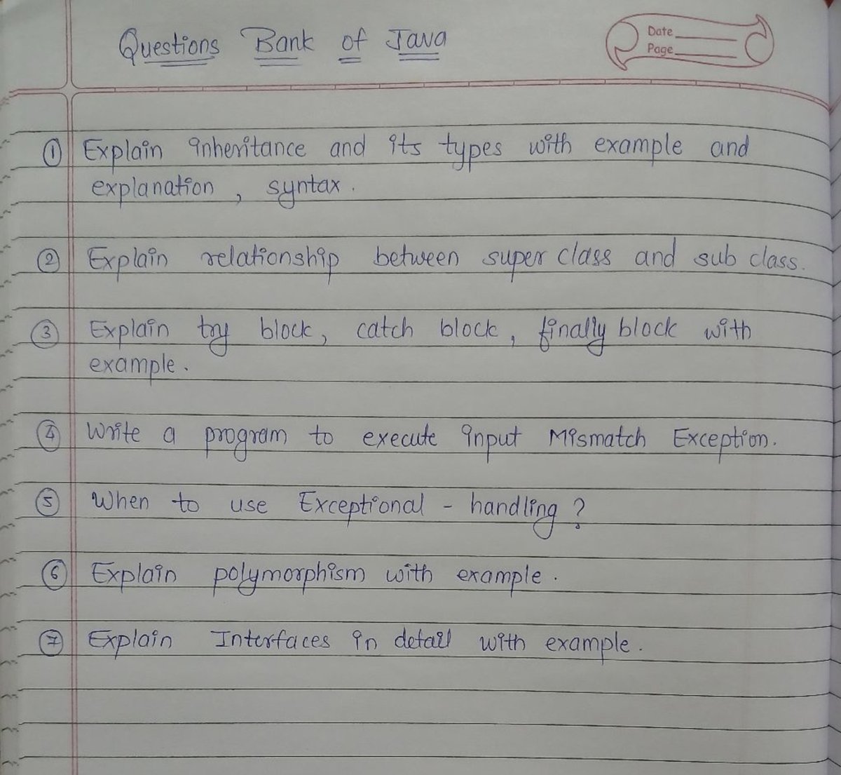 Questions Bank of Java Explain inheritance and its types with example an..