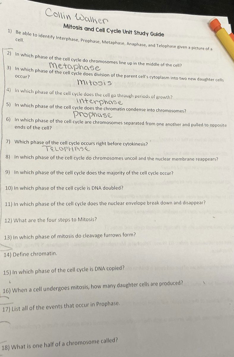 Here are the questions from the Mitosis and Cell Cycle Unit Study Guide: