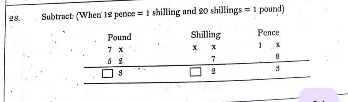 Subtract: (When 12 pence = 1 shilling and 20 shillings = 1 pound) Pound