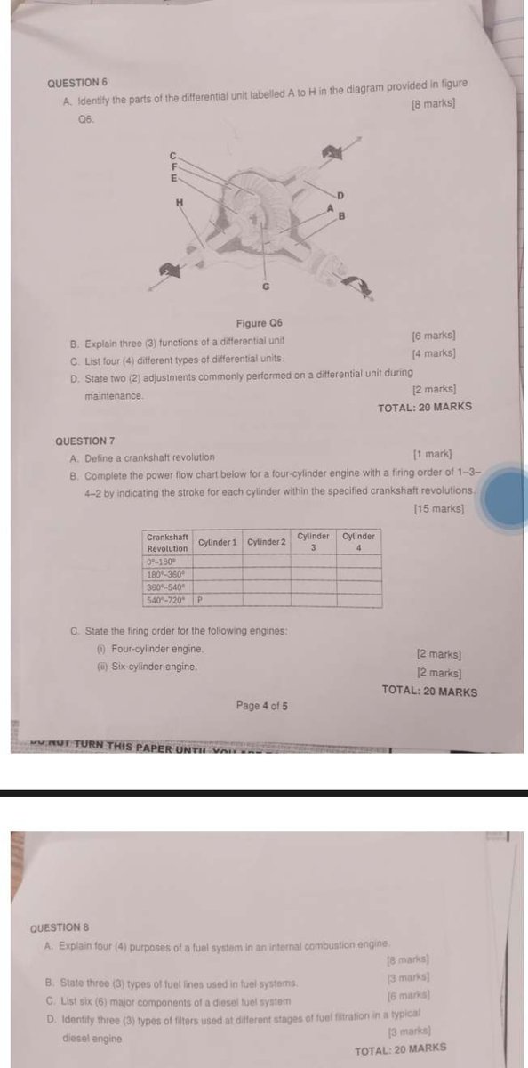QUESTION 6 A. Identify the parts of the differential unit labelled A to