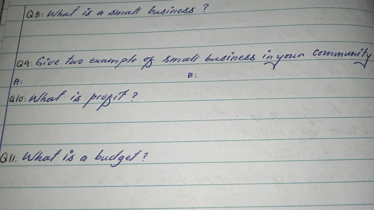 Q8: What is a small business? Q9: Give two examples of small businesses i..