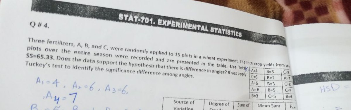 Q # 4. STAT-701. EXPERIMENTAL STATISTICS Three fertilizers, A, B, and C,..