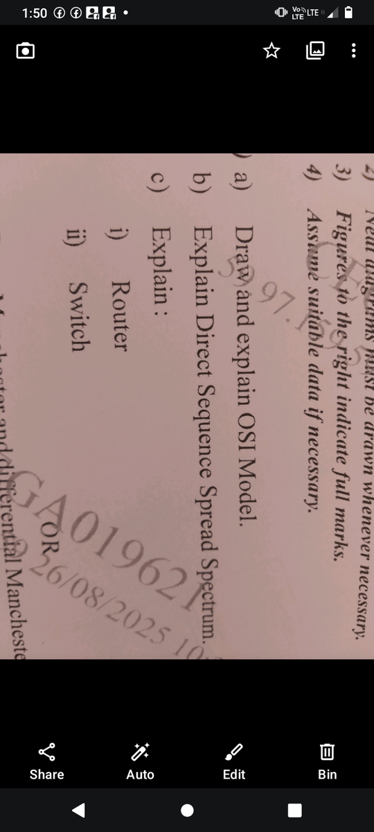 a) Draw and explain OSI Model. b) Explain Direct Sequence Spread Spectrum..
