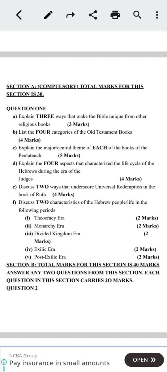 SECTION A: (COMPULSORY) TOTAL MARKS FOR THIS SECTION IS 30. QUESTION ONE..