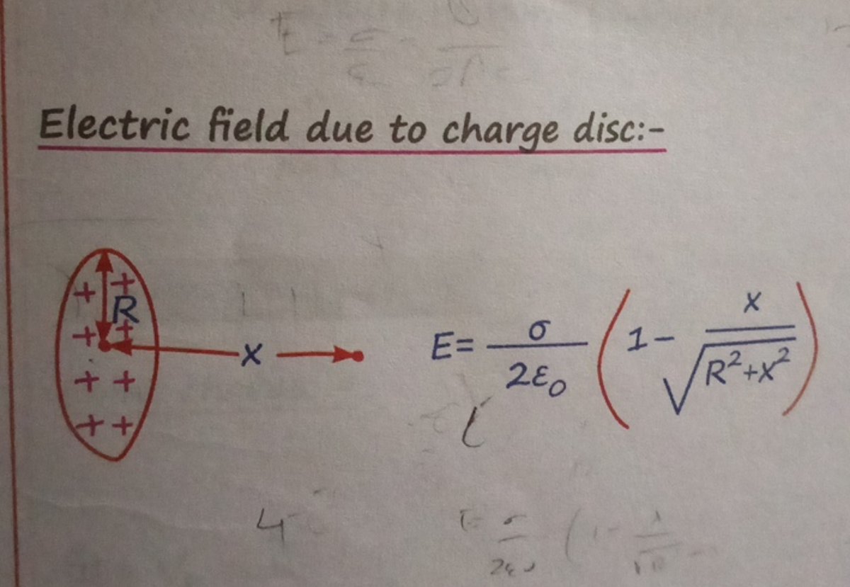 Electric field due to charge disc:- E = \frac{\sigma}{2\epsilon_0} \left..