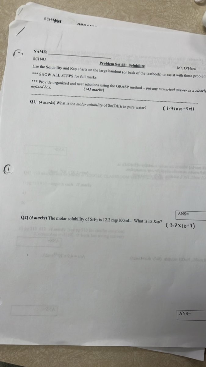 Problem Set #6: Solubility Use the Solubility and Ksp charts on the larg..