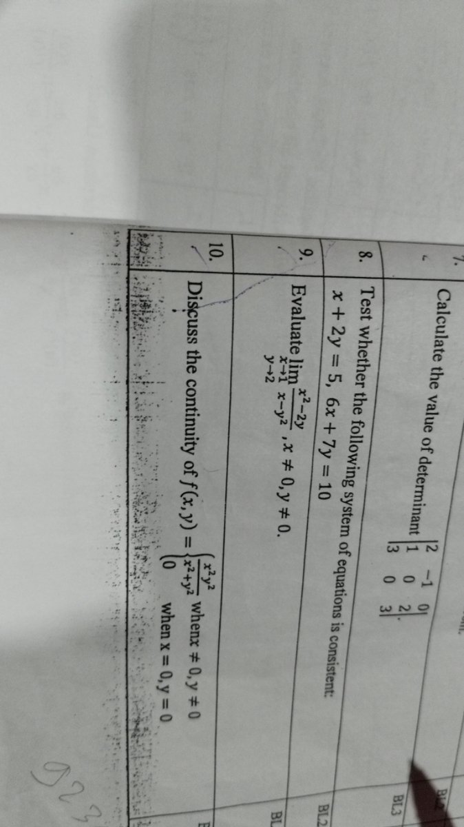 Calculate the value of determinant: | 2 -1 0 | | 1 0 2 | | 3 0 3 | Te..