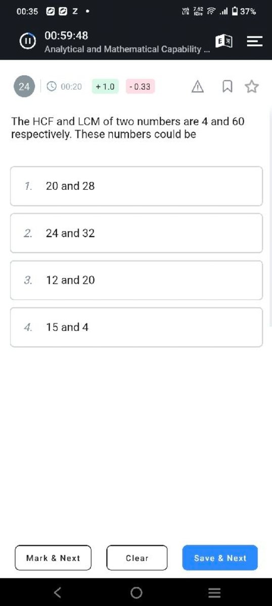 The HCF and LCM of two numbers are 4 and 60 respectively. These numbers c..