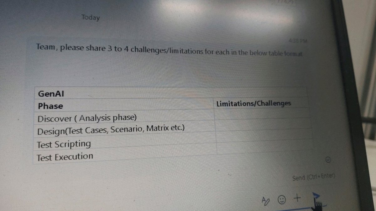 Team, please share 3 to 4 challenges/limitations for each in the below ta..