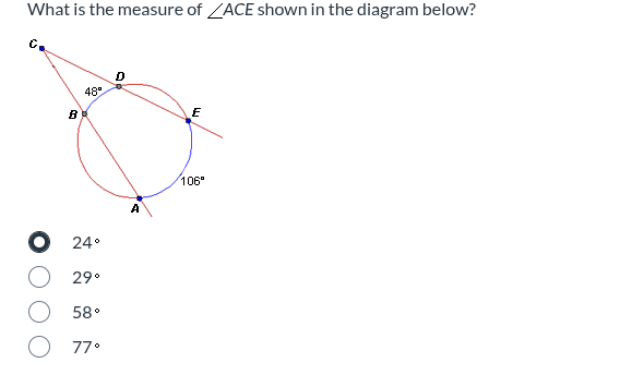 What is the measure of \angle ACE shown in the diagram below? Given a di..