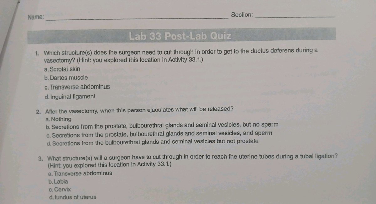 Lab 33 Post-Lab Quiz Which structure(s) does the surgeon need to cut thr..