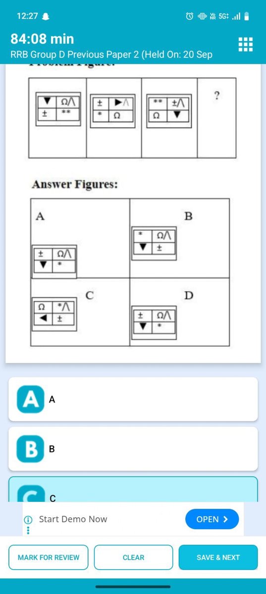 The question presents a series of figures with symbols arranged in a grid..