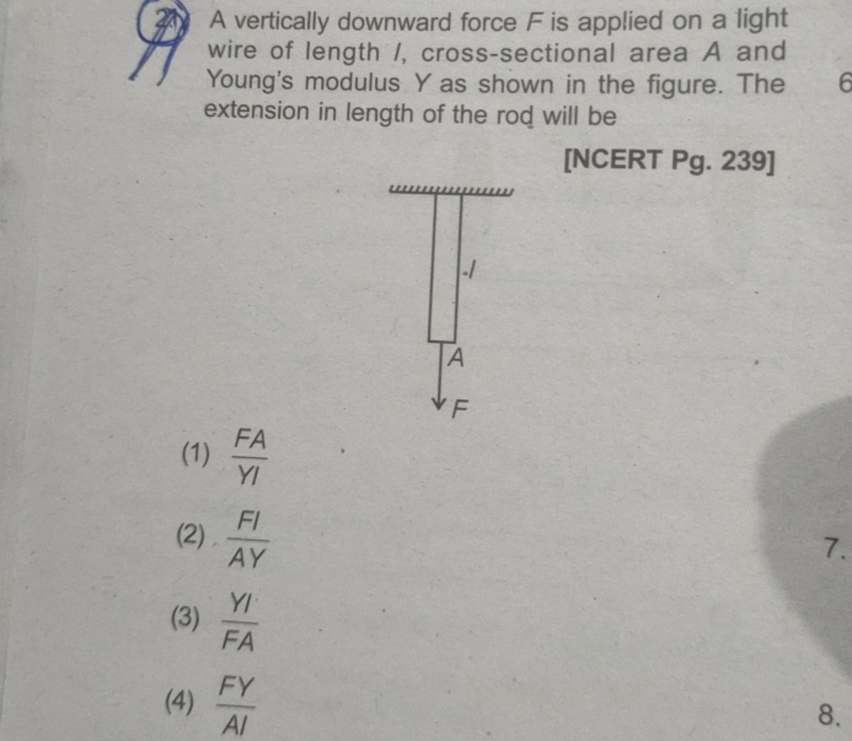 A vertically downward force F is applied on a light wire of length l, cro..