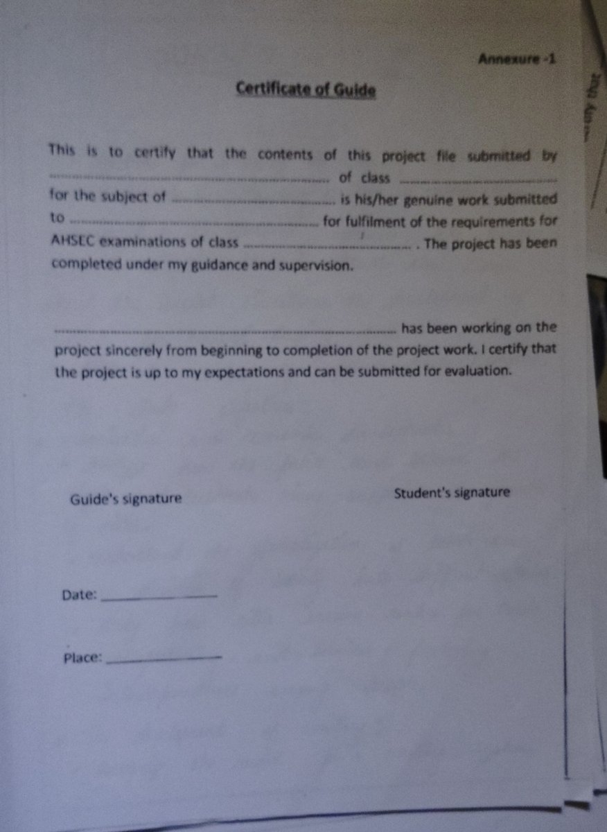 Here is a "Certificate of Guide" form (Annexure-1) for a project file sub..