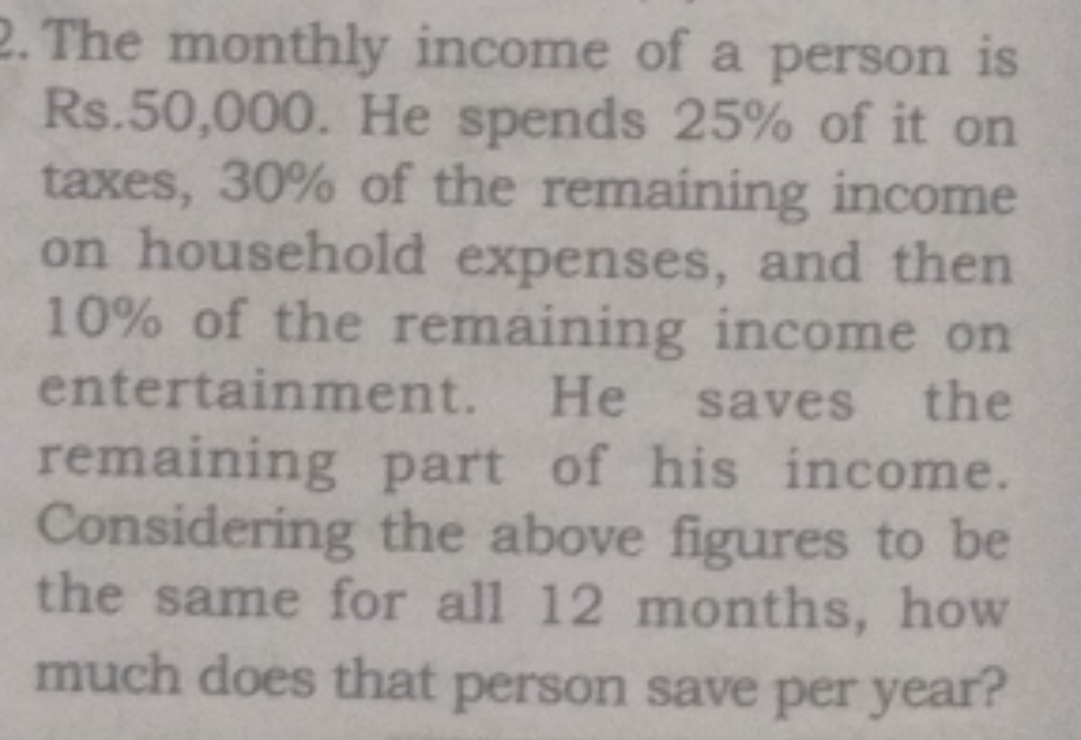The monthly income of a person is Rs. 50,000. He spends 25% of it on taxe..