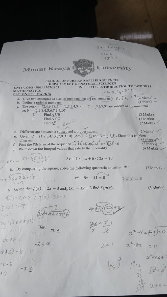 Here is a mathematics CAT (Continuous Assessment Test) paper from Mount K..
