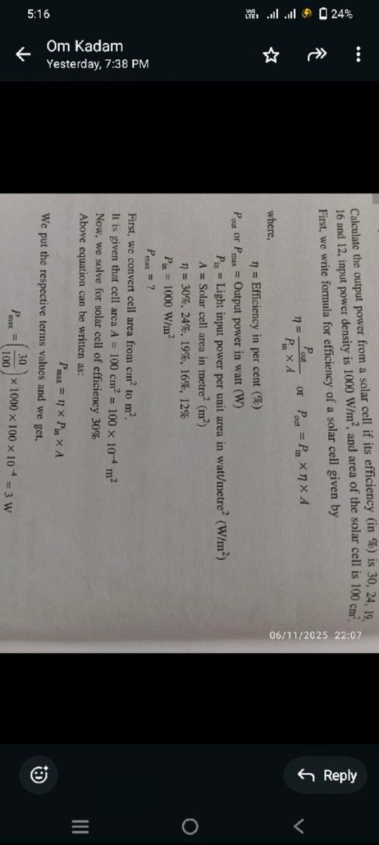 Calculate the output power from a solar cell if its efficiency (in %) is