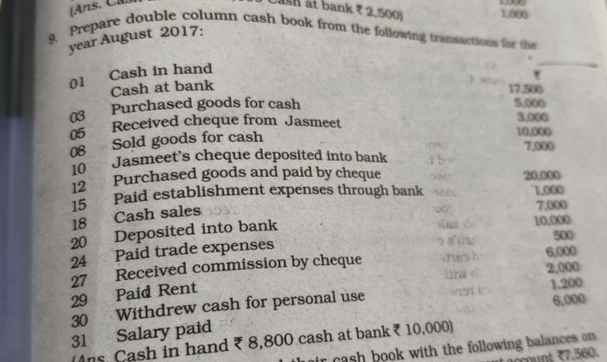 Prepare double column cash book from the following transactions for the y..