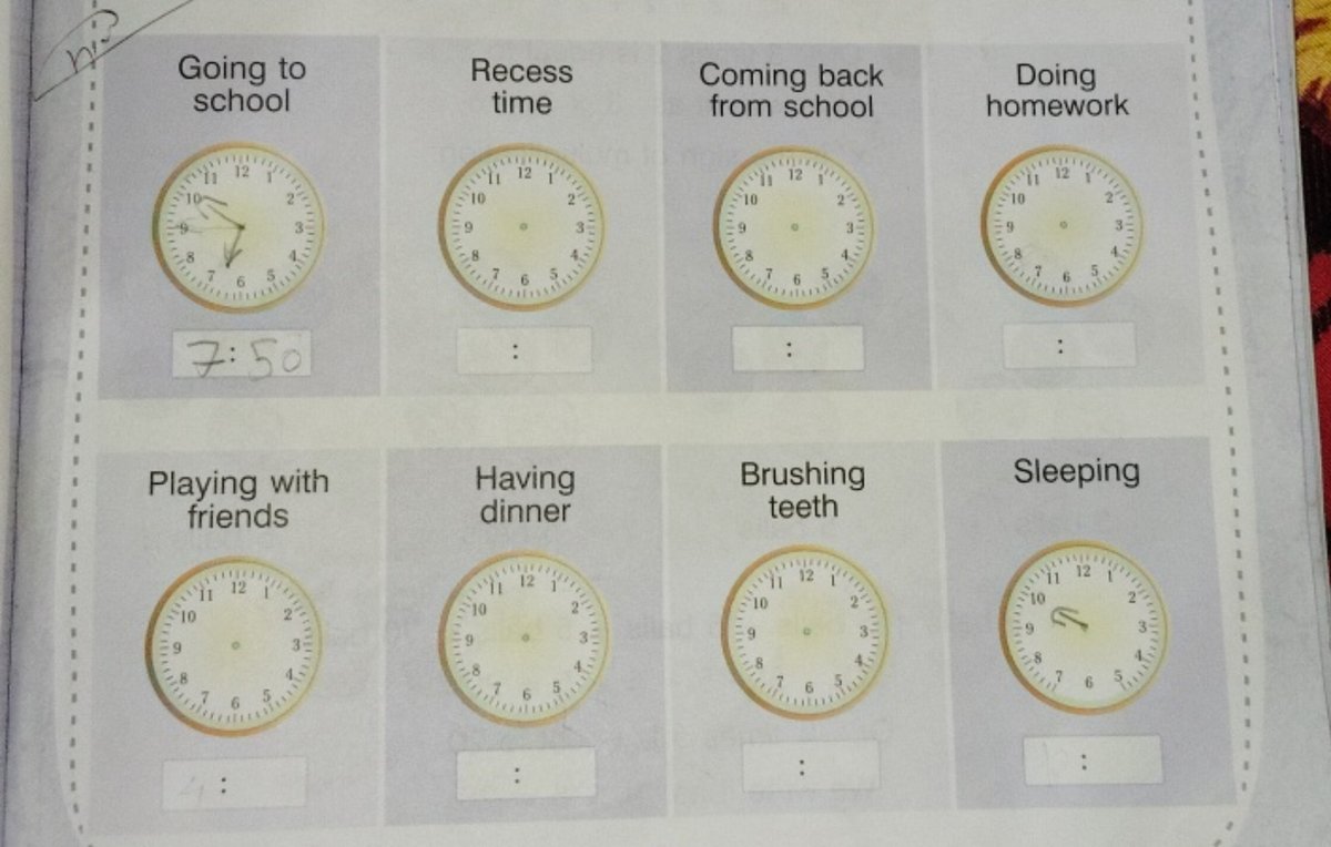 The image shows a series of clocks and activities. For each activity, a c..