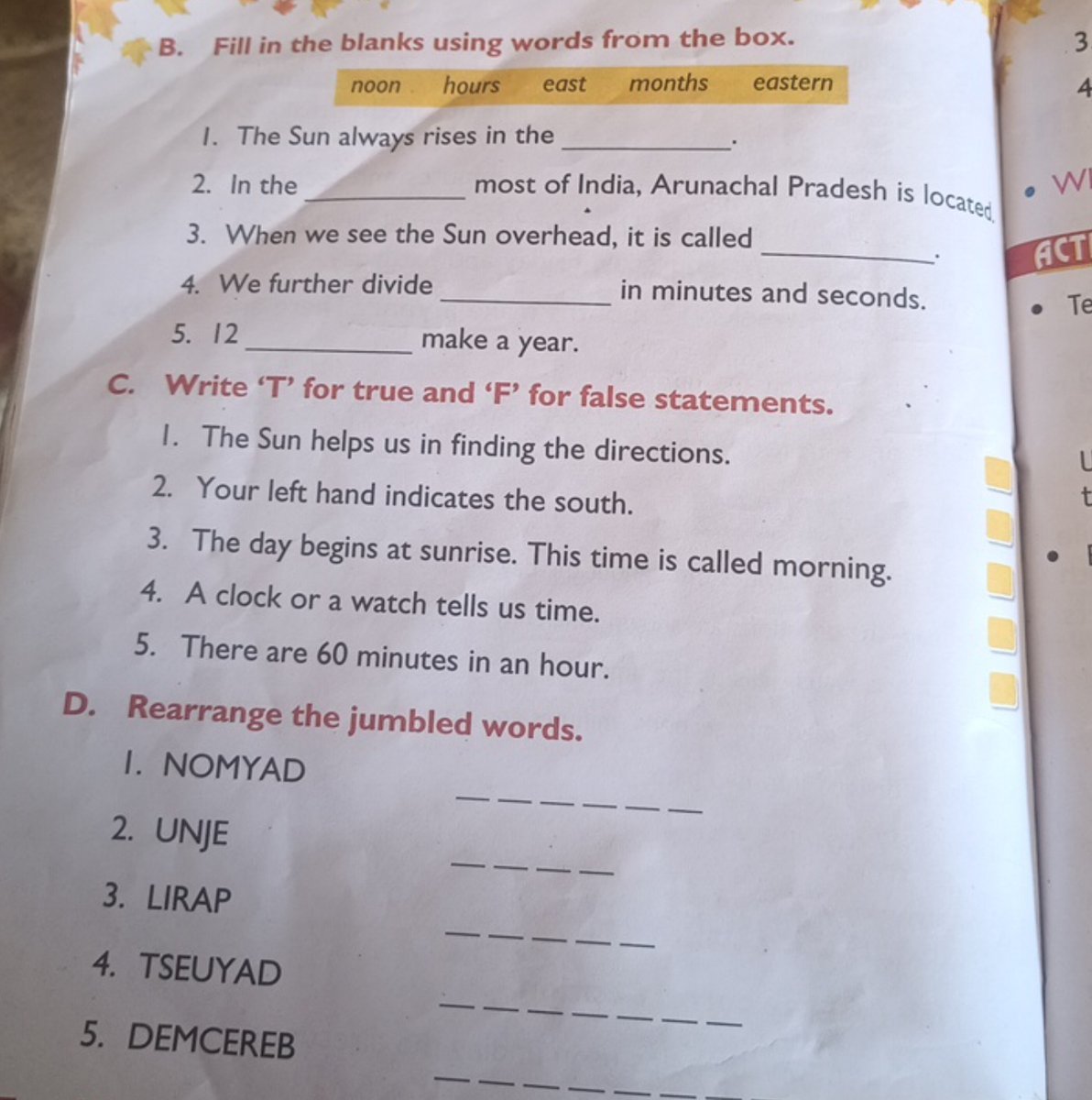 B. Fill in the blanks using words from the box. noon hours east months ea..