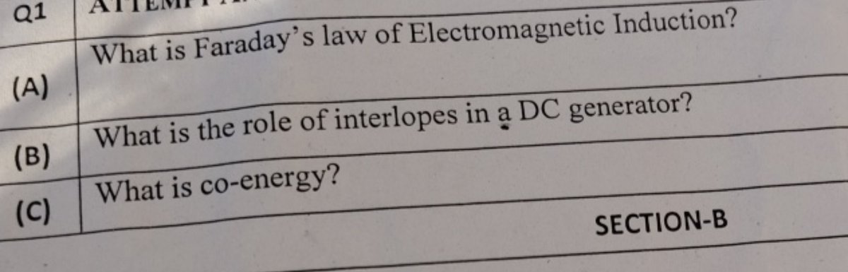 Q1 (A) What is Faraday's law of Electromagnetic Induction? (B) What is th..