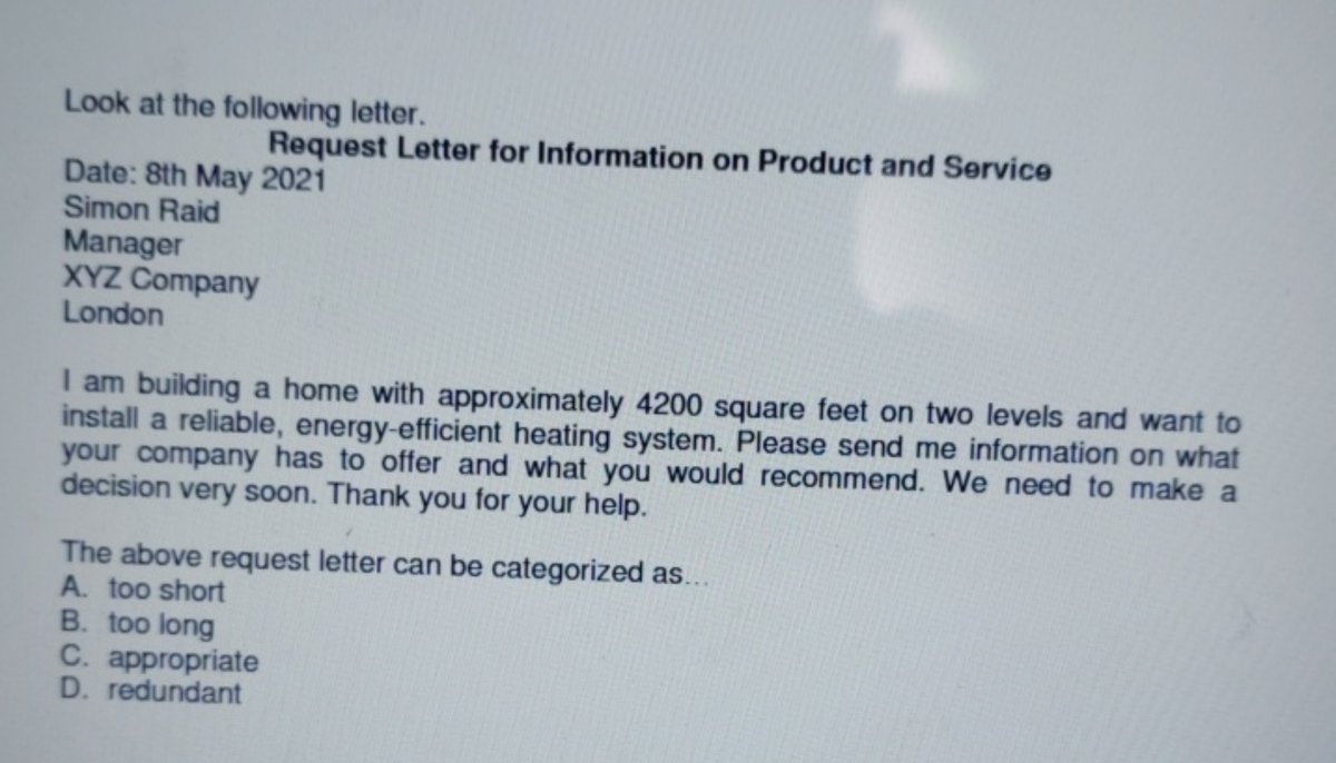 Look at the following letter. Request Letter for Information on Product