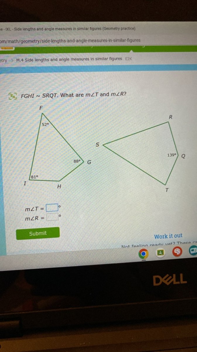 Given that quadrilateral FGHI is similar to quadrilateral SRQT (FGHI ~ SR..