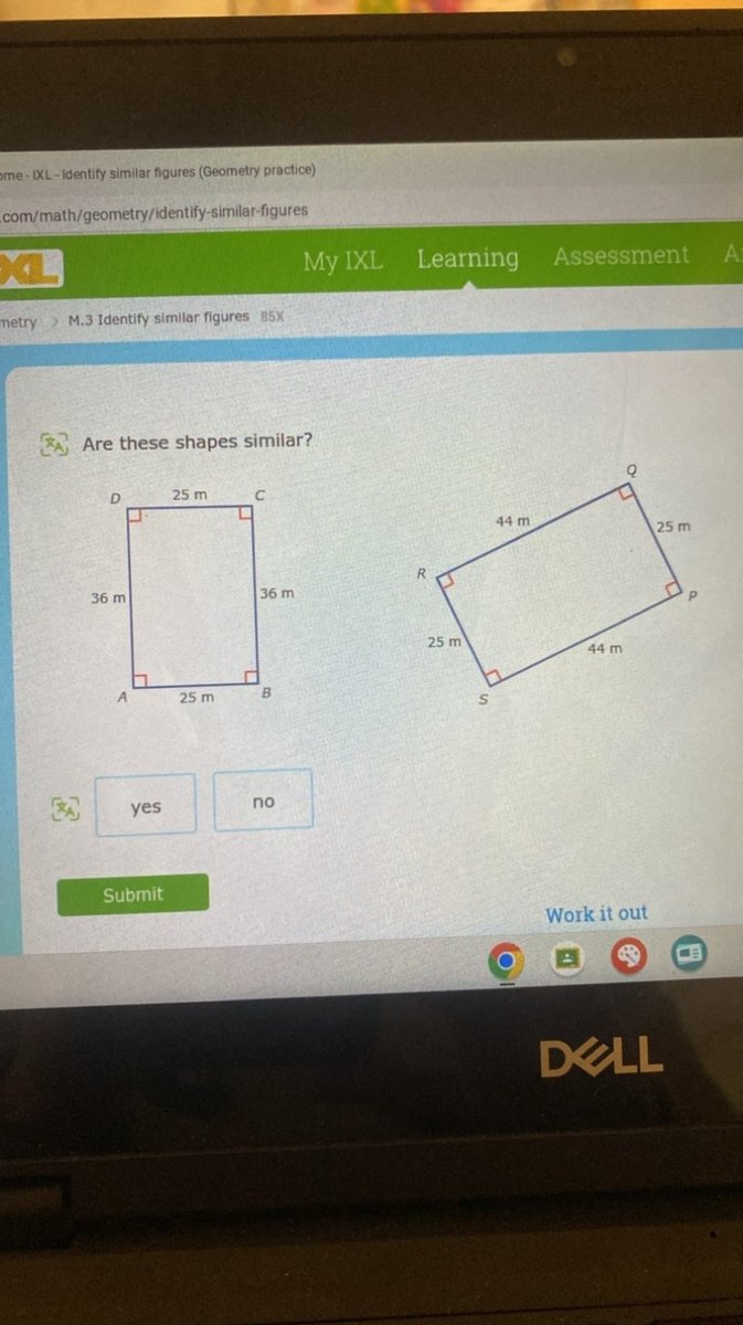 Are these shapes similar? Shape 1 (Rectangle ABCD): Side AB = 25 m Side