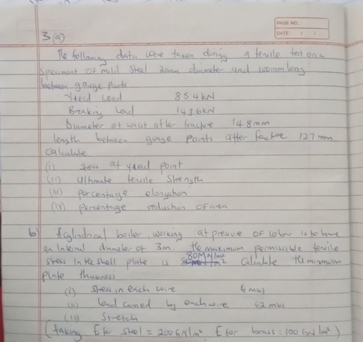3(a) The following data were taken during a tensile test on a specimen of..