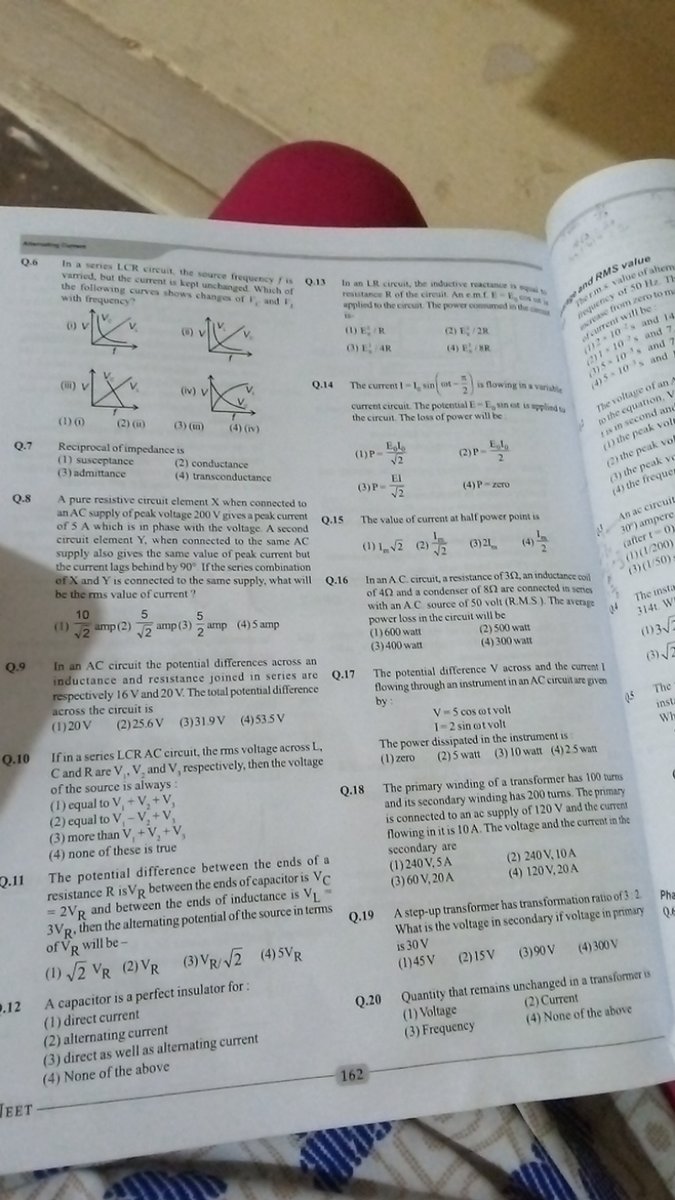 Q.6 In a series LCR circuit, the source frequency f is varied, but the cu..