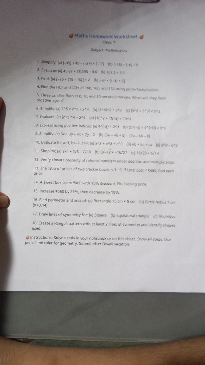 Maths Homework Worksheet Class: 7 Subject: Mathematics Simplify: (a) (-3..