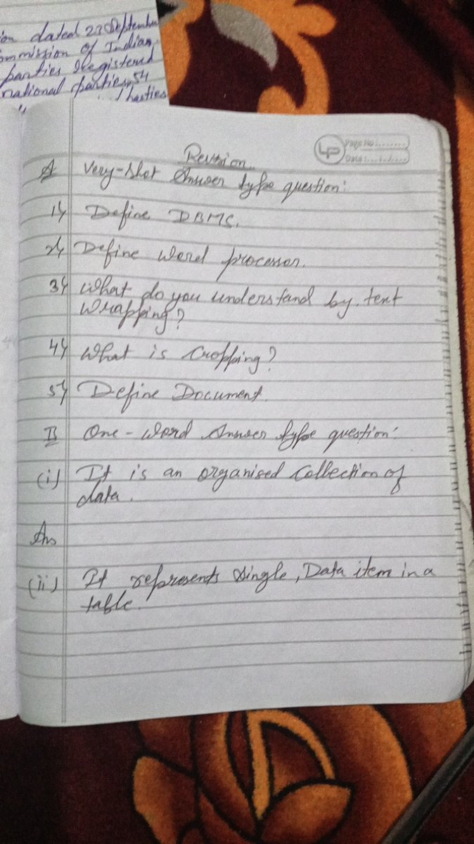 Revision A. Very-Short Answer Type Questions: Define DBMS. Define word pr..