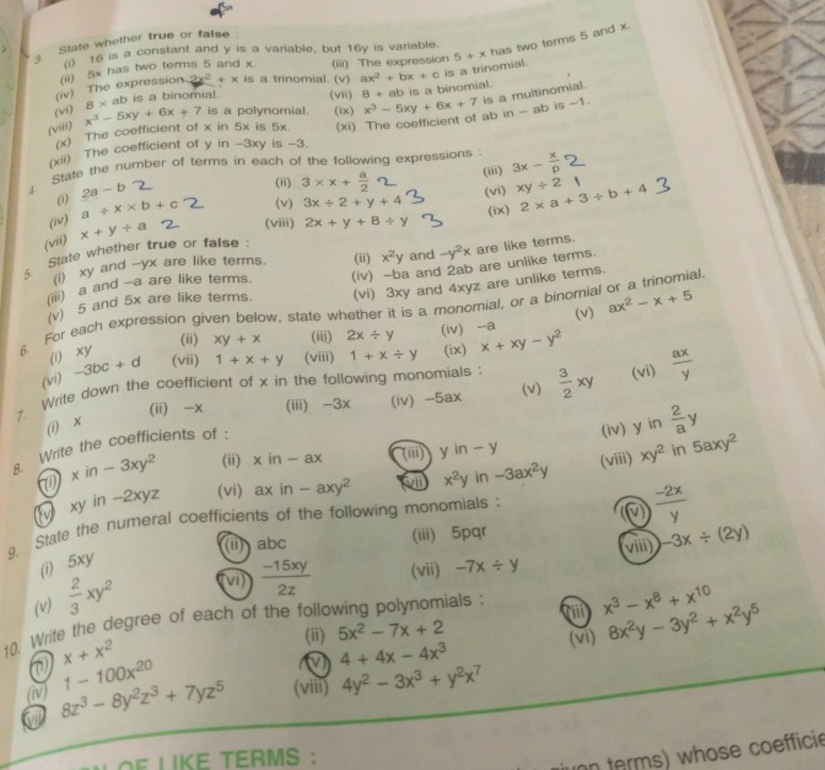 Here are several questions related to algebraic expressions. Please provi..