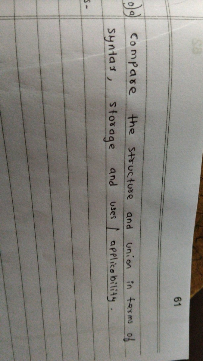 Compare the structure and union in terms of syntax, storage, uses, and ap..