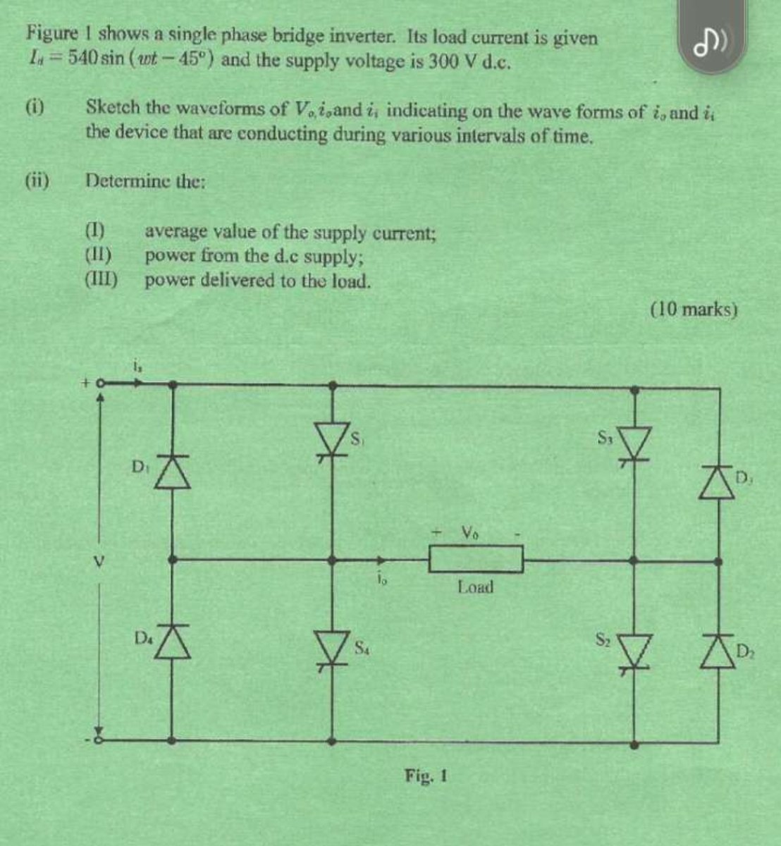 Figure 1 shows a single phase bridge inverter. Its load current is given