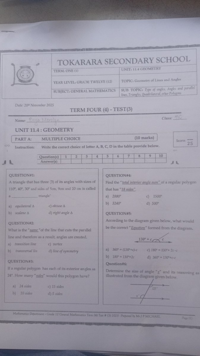 Here are the questions from the provided image: QUESTION#1: A triangle t..