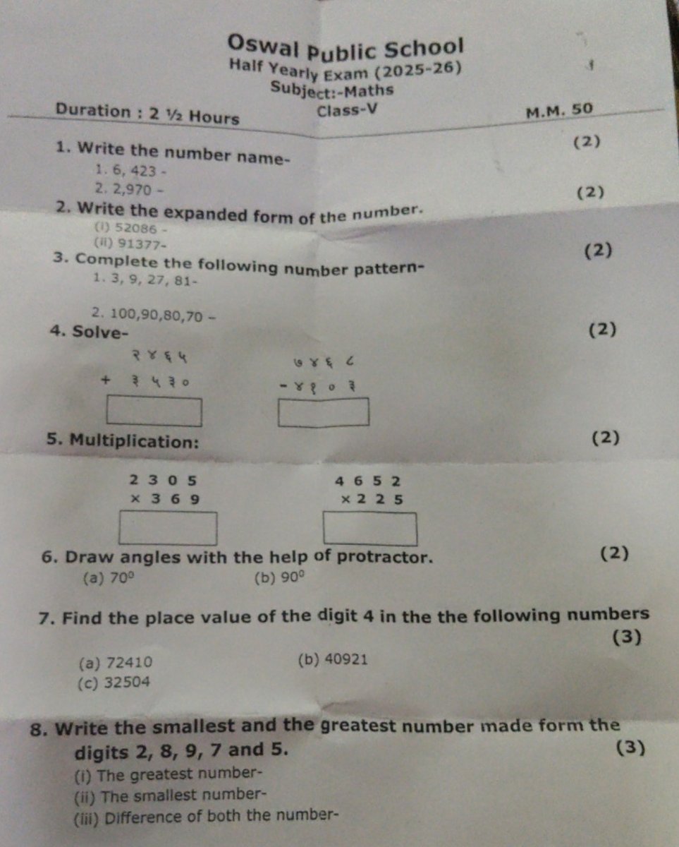 Oswal Public School Half Yearly Exam (2025-26) Subject:-Maths Class-V Dur..