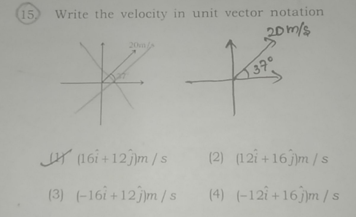 Write the velocity in unit vector notation. (Image shows a velocity vect..