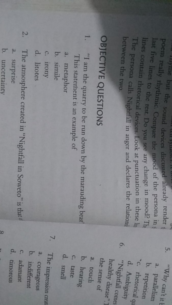 OBJECTIVE QUESTIONS "I am the quarry to be run down by the marauding bea..